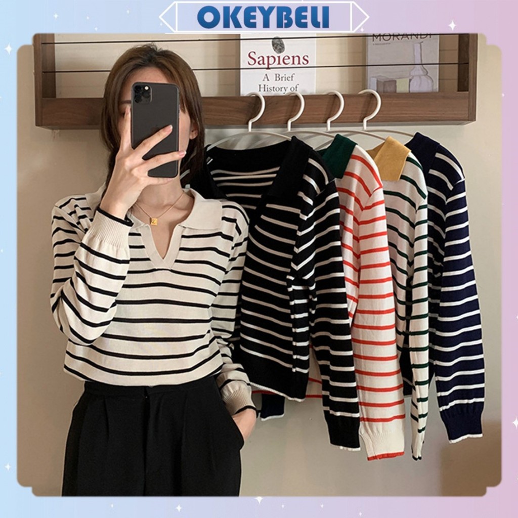 Jual •OKEY BELI•BJ1618 Baju Knitwear Sweater Crop Rajut Sweater Garis ...