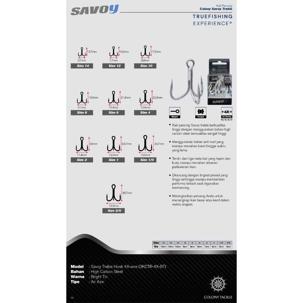 Jual Kail Pancing Savoy Treble Hook Ukuran 1/0-14 Harga 1 pack ...