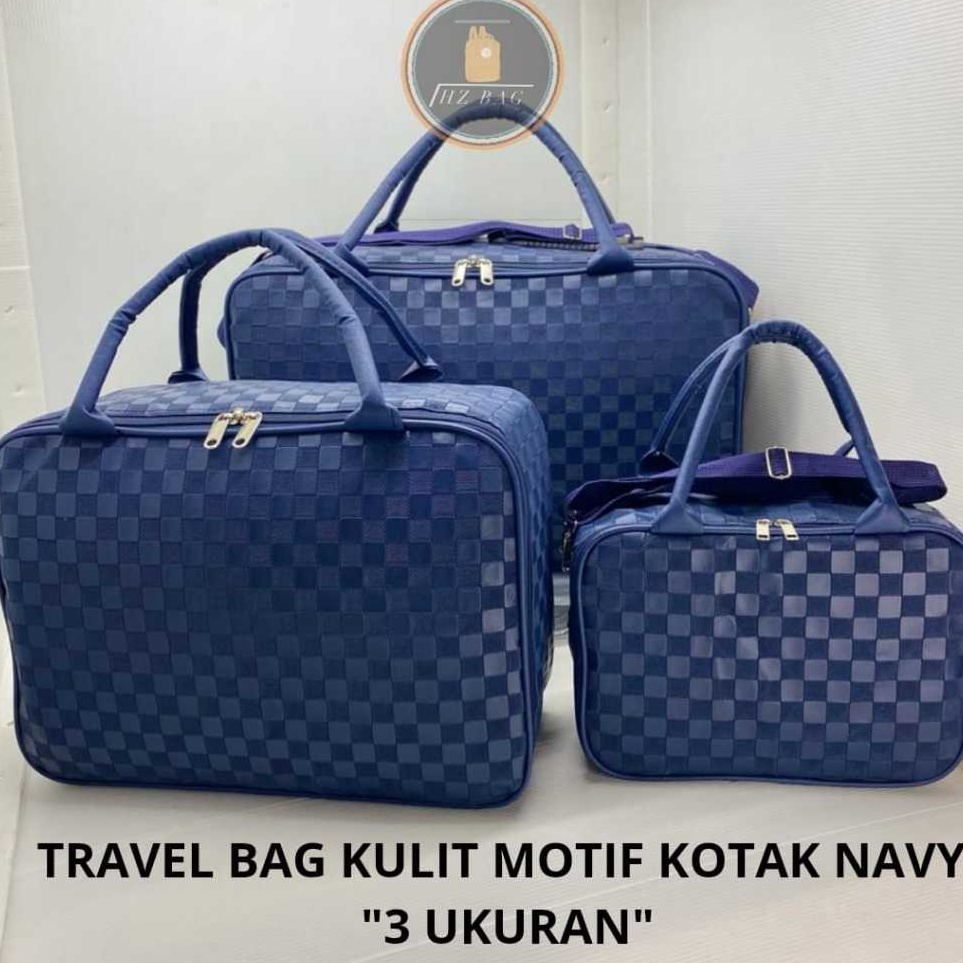 Jual Travel Bag Kulit Waterproof Motif Kotak Warna Navy Tas Travel Bag ...