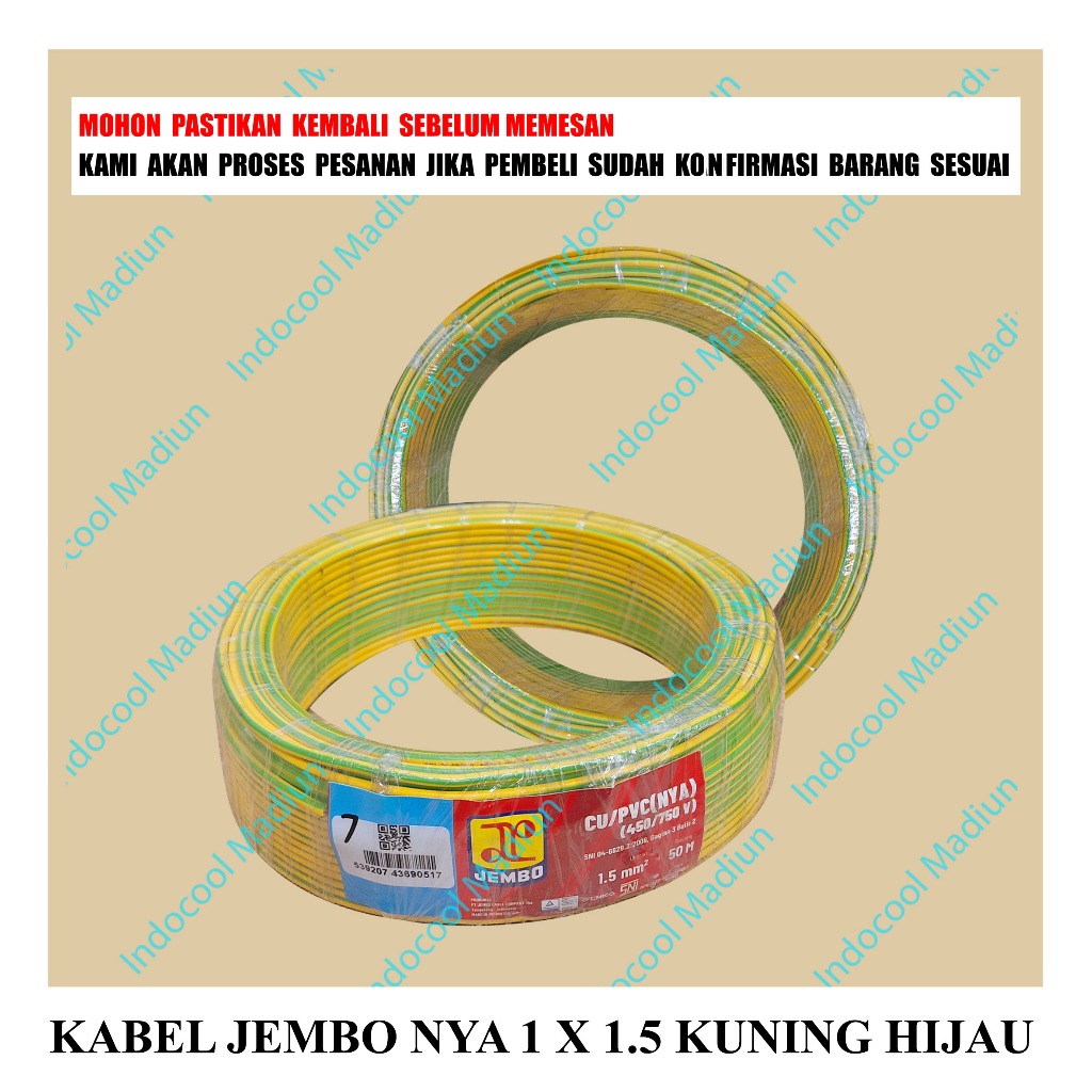 Jual KABEL LISTRIK / KABEL NYA / KABEL JEMBO NYA 1 X 1.5 KUNING HIJAU ...