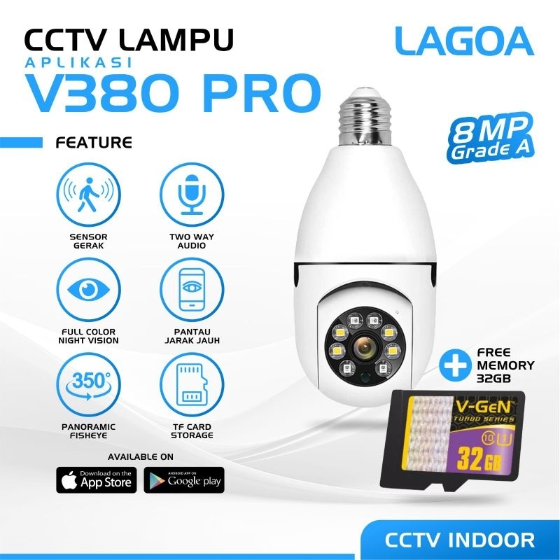 Jual LAGOA CCTV Lampu Bohlam 8MP+32GB Sensor Gerak Aplikasi V380 Pro Infra Merah | Shopee Indonesia