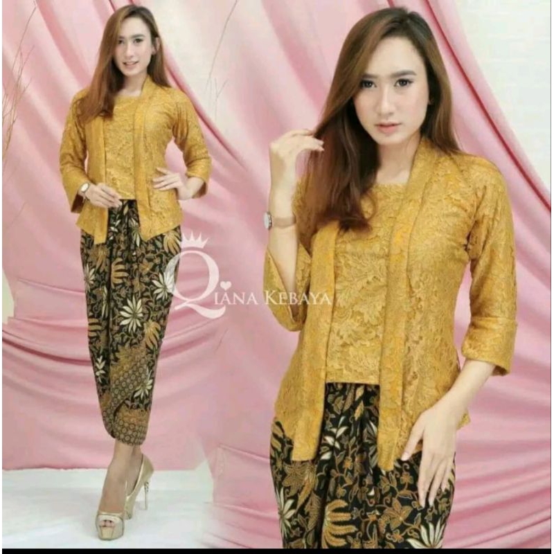 Jual Kebaya Kutu baru modern Gold kunyit rok lilit lengan panjang | Shopee Indonesia
