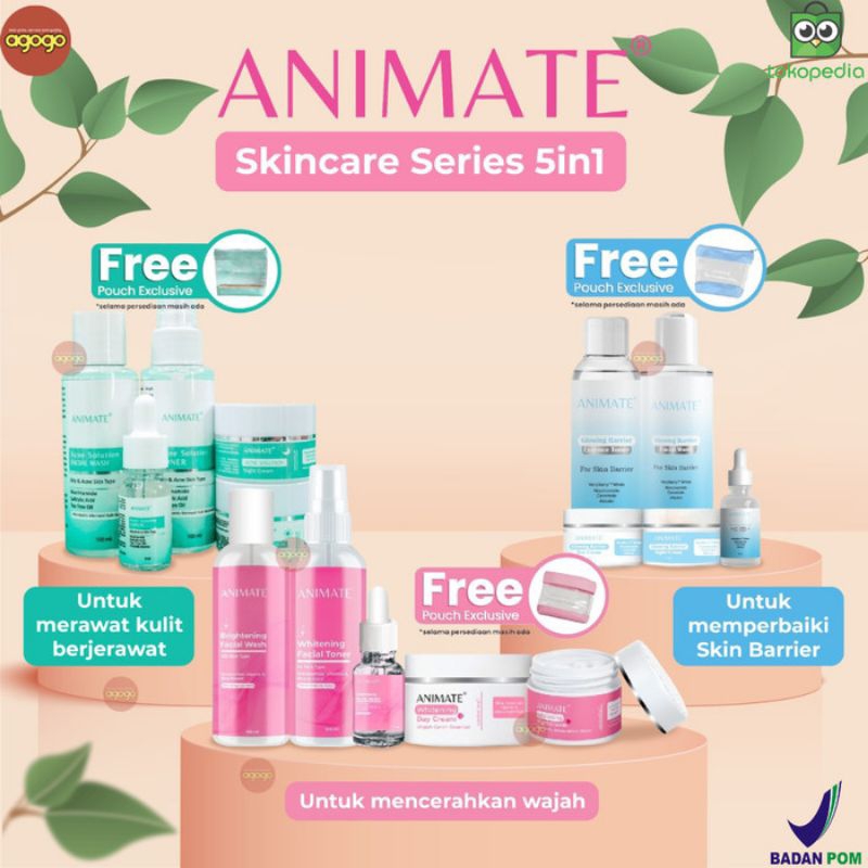 Jual Animate paket 5in1 whaitening ,acne,glowing paket skin care 5in1 ...