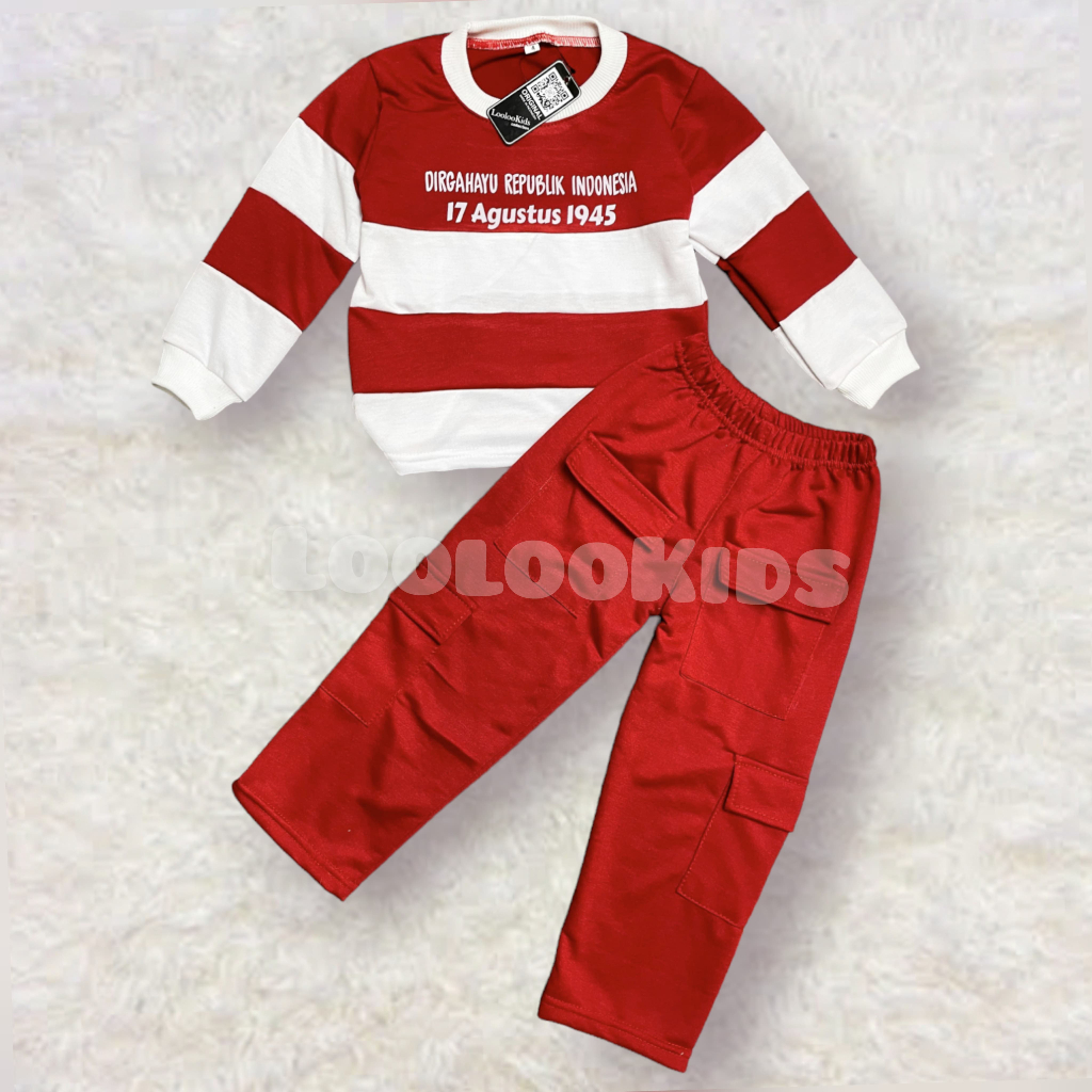 Jual Setelan Viral Anak Merah Putih Celana Cargo Unisex Laki Laki ...