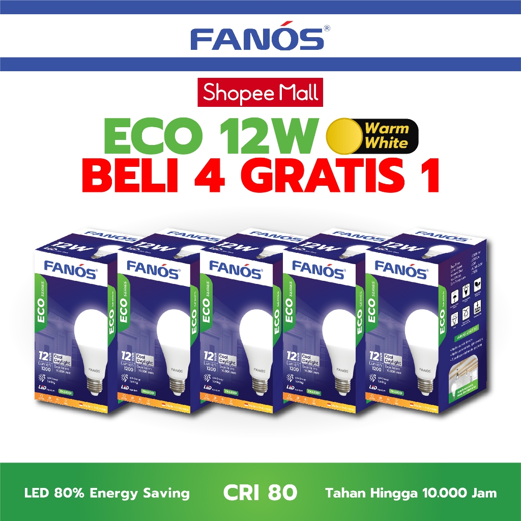 Jual Fanos Eco 12W [Beli 4 Gratis 1] Lampu LED Bohlam Cahaya Kuning Bergaransi | Shopee Indonesia