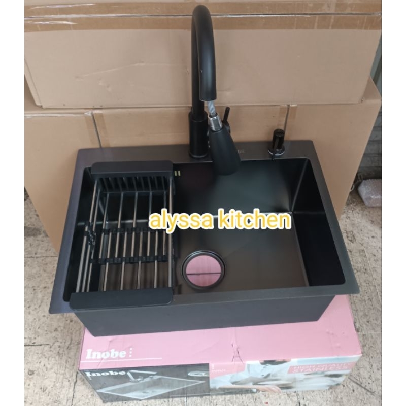 Jual paket kitchen sink INOBE 6045 hitam set kran tarik( tirisan tarik ...