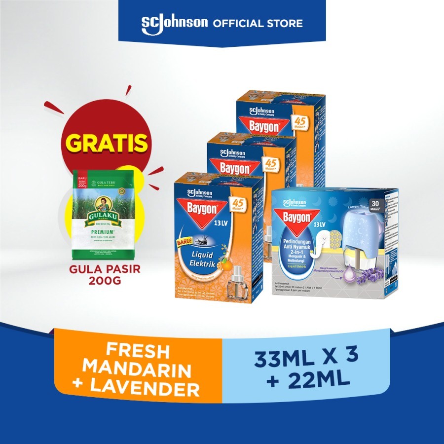 Jual Baygon LE Starter 22ml + Refill Fresh mandarin 33ml x3 Free Gula Pasir | Shopee Indonesia