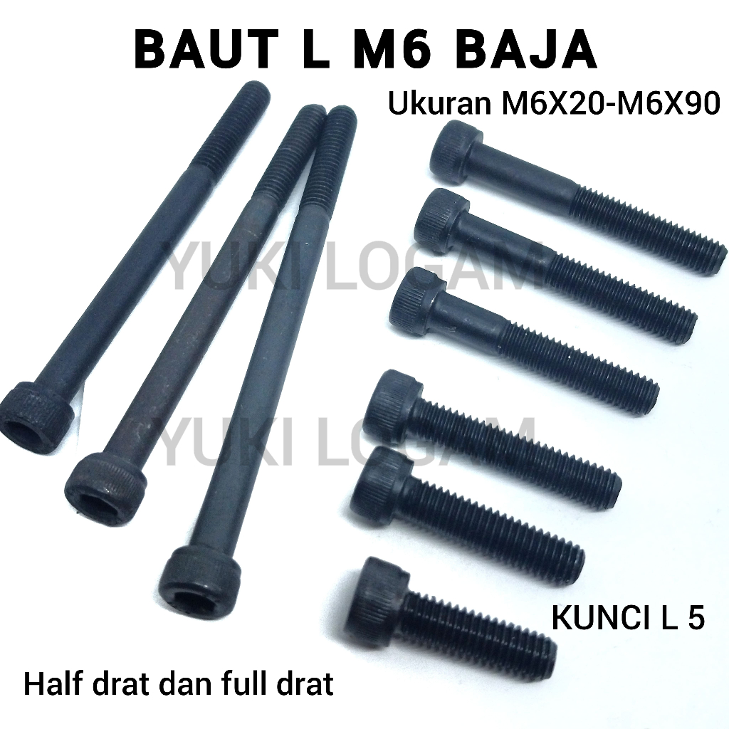 Jual Baut L M6 baja 8.8 hitam kunci L 5 full drat dan half drat | Shopee Indonesia