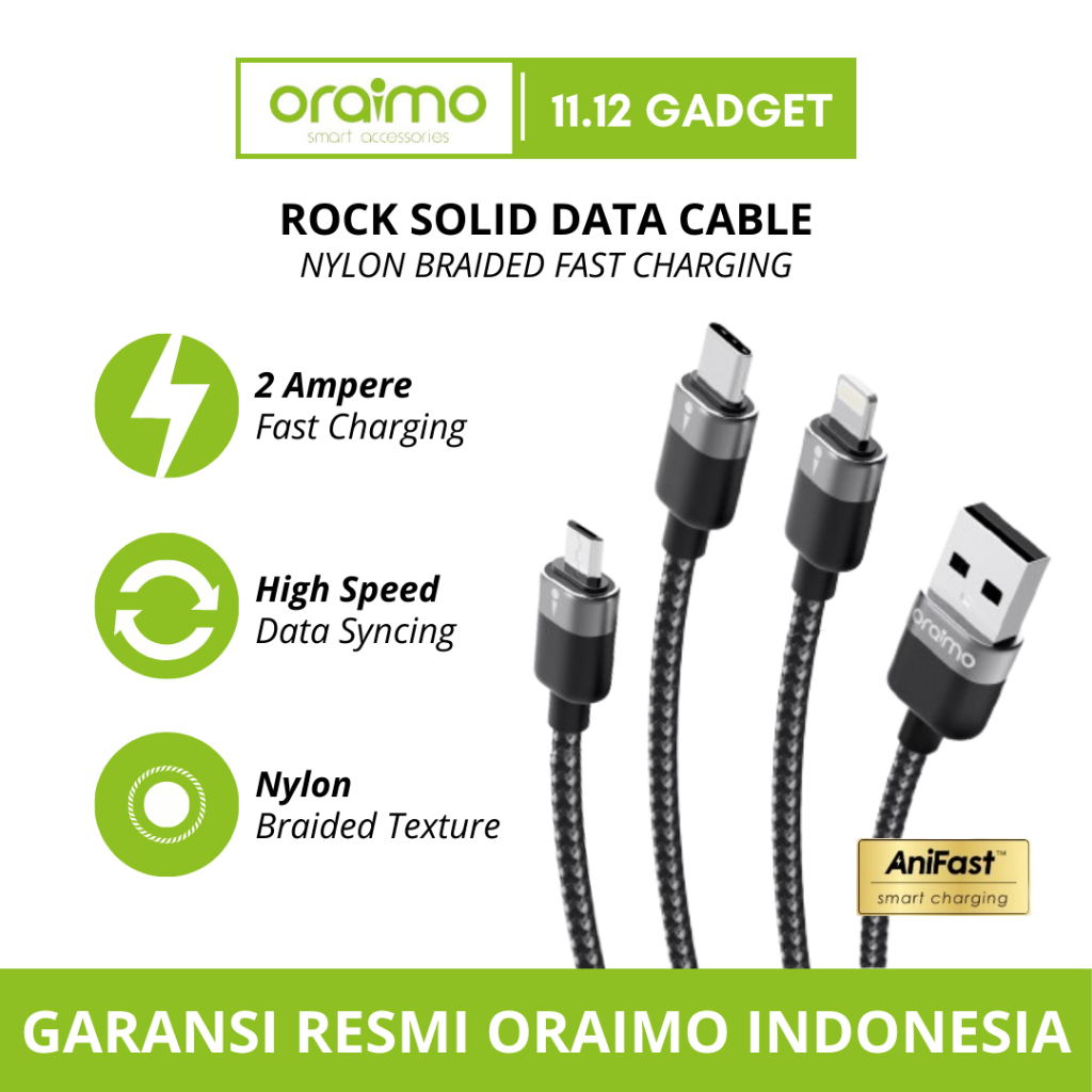 Jual Oraimo Data Cable Solidline Kabel Android Micro Type-C Lightning ...