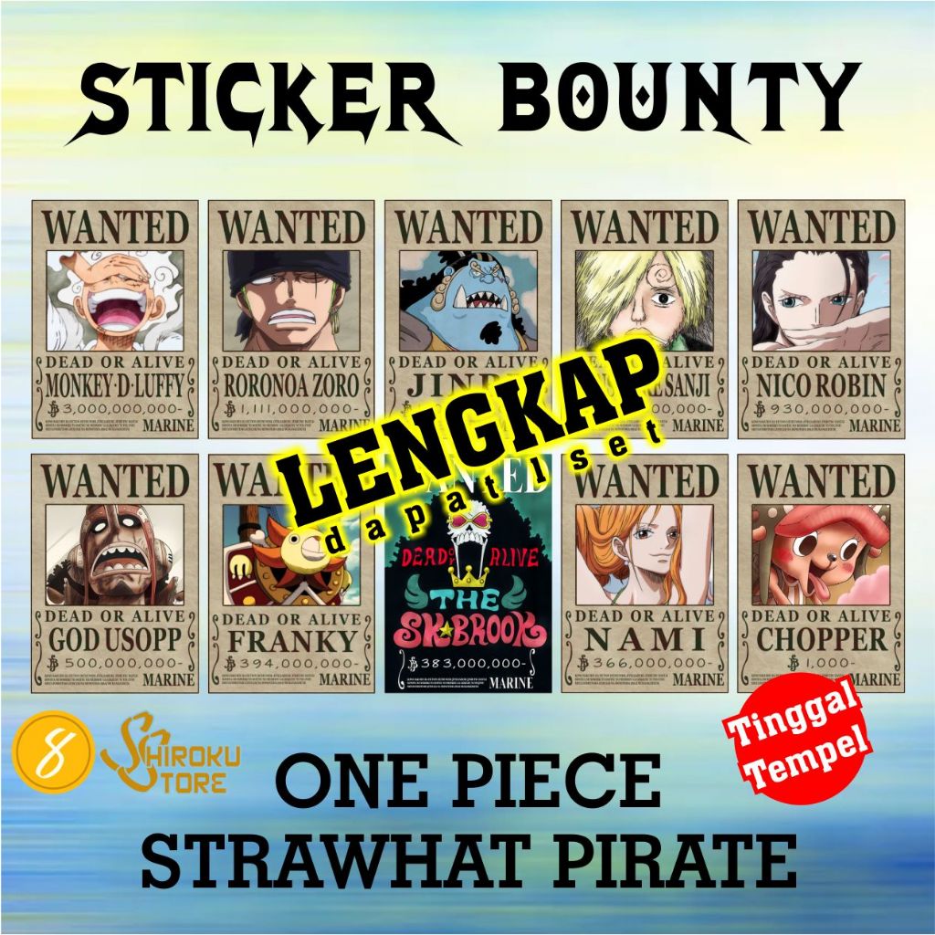 Jual 1 set Stiker Bounty Anime One Piece Buronan Anggota Mugiwara Straw ...