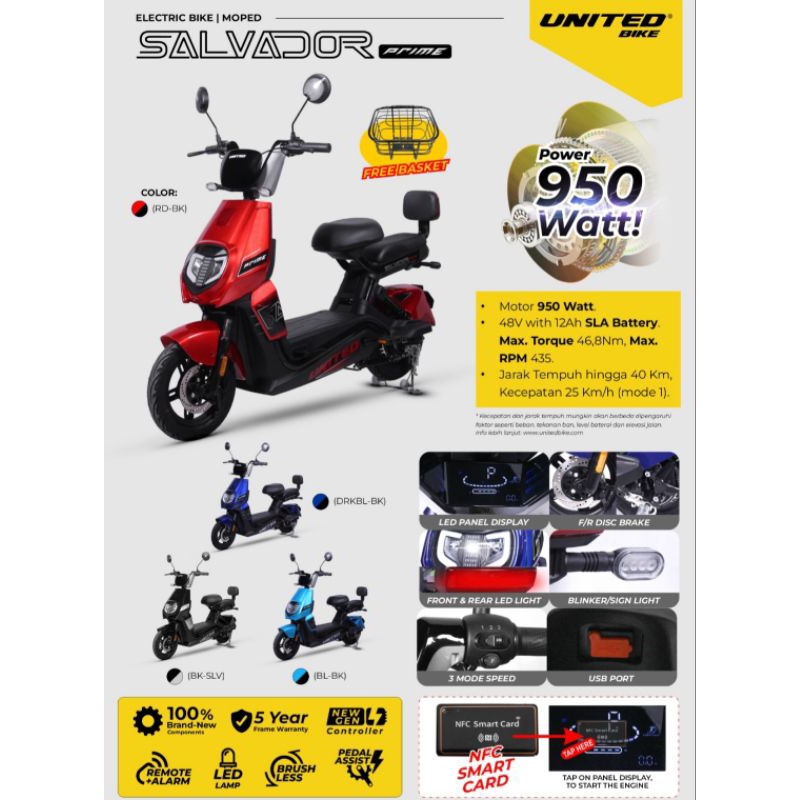 Jual SEPEDA LISTRIK UNITED SALVADOR PRIME Electric E-bike 950 Watt 12AH ...