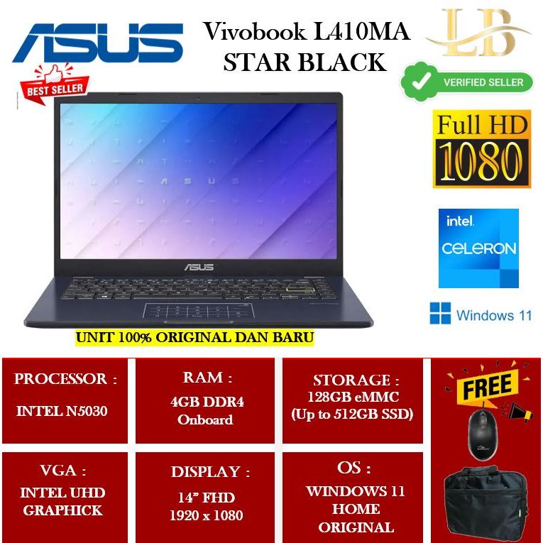 Jual Laptop Sekolah Asus Vivobook L410MA Intel N5030 4GB 128GB SSD 14 ...