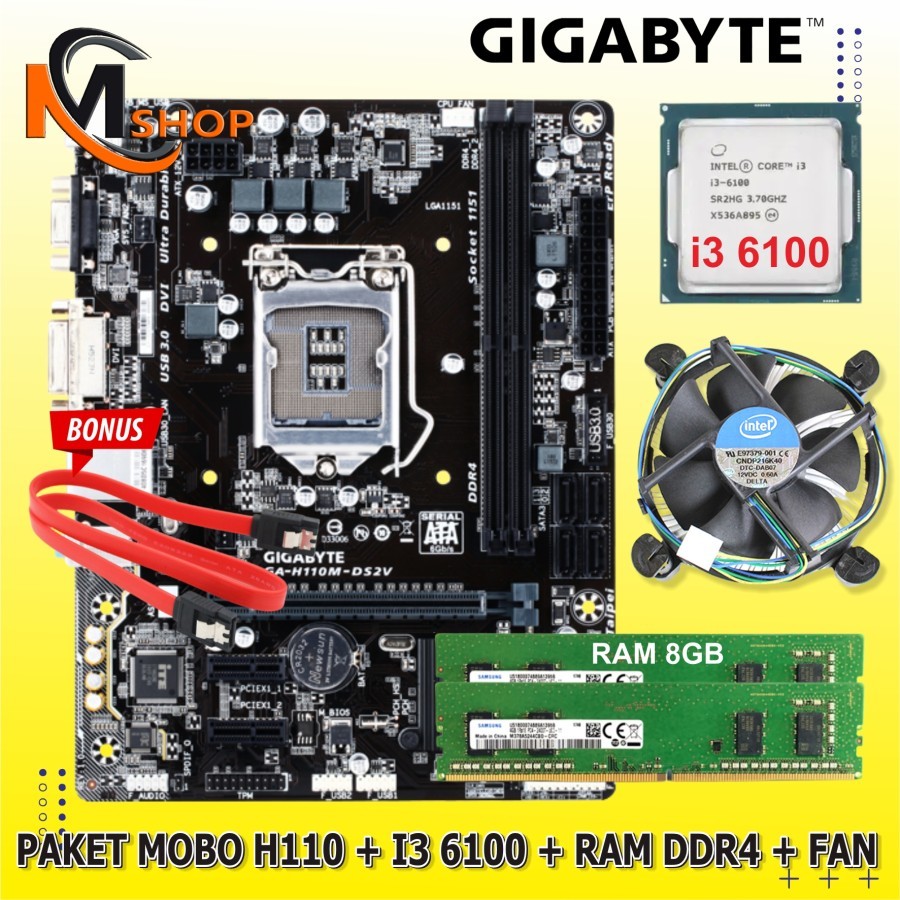 Jual Paket Mainboard Motherboard Mobo H110 LGA 1151 + Processor Core i3 6100 + RAM DDR4 + Fan ...