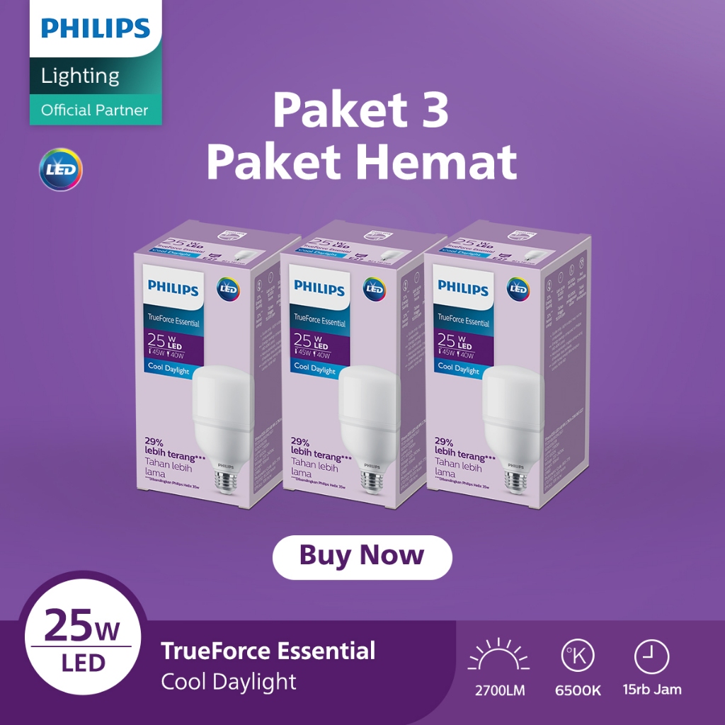 Jual Paket Bundling 3X Lampu Philips TrueForce Essential LED 25W E27 6500K Cahaya Putih | Shopee ...