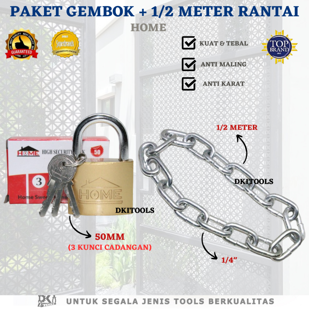 Jual Paket Gembok 50MM HOME + Rantai 1/2 & 2 & 5 10 Meter Kuat Anti ...
