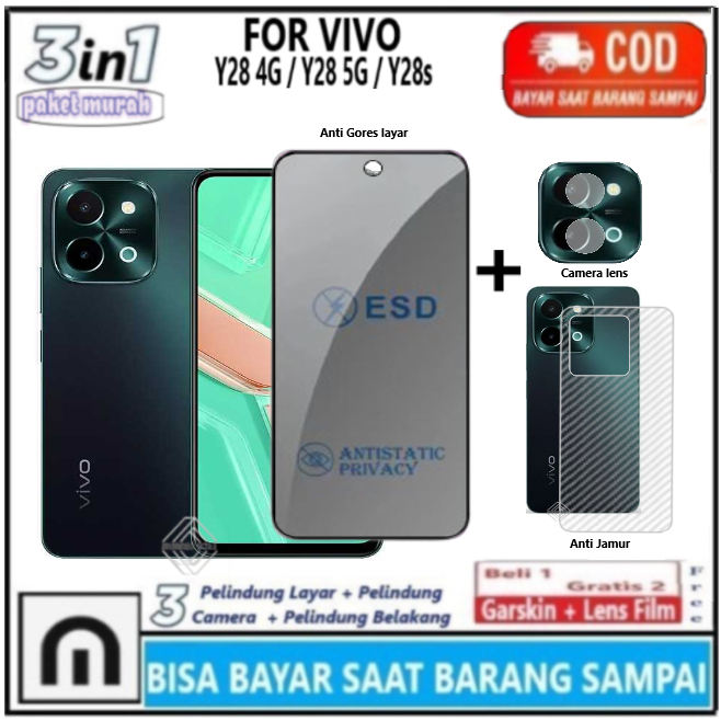 Jual Paket 3in1 Tempered Glass Anti Spy Vivo Y28 4G Y28s Y28 5G Anti Gores Privacy Full Layar ...