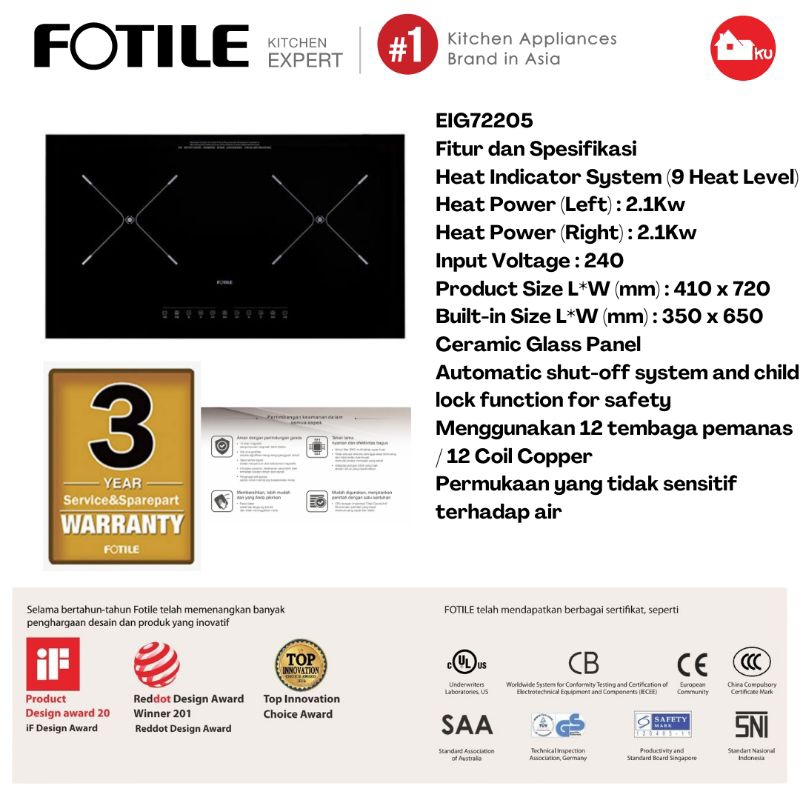 Jual Fotile Built-in Hob Induction EIG72205 Kompor Tanam Induksi EIG ...