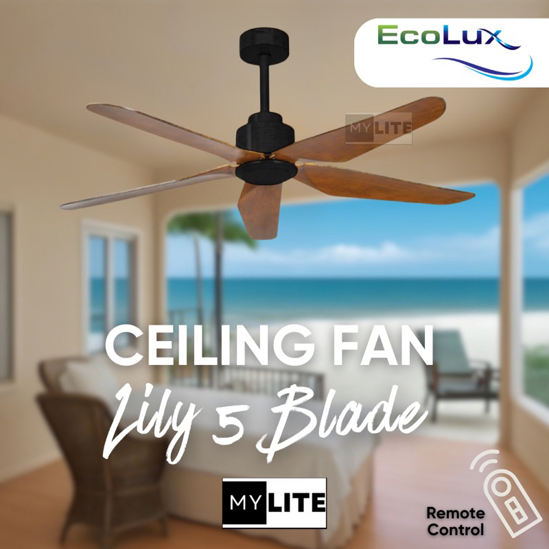 Jual Kipas Angin Ceiling Fan ECOLUX LILY 52In 5 Blade With REMOTE CONTROL Wood Black White ...