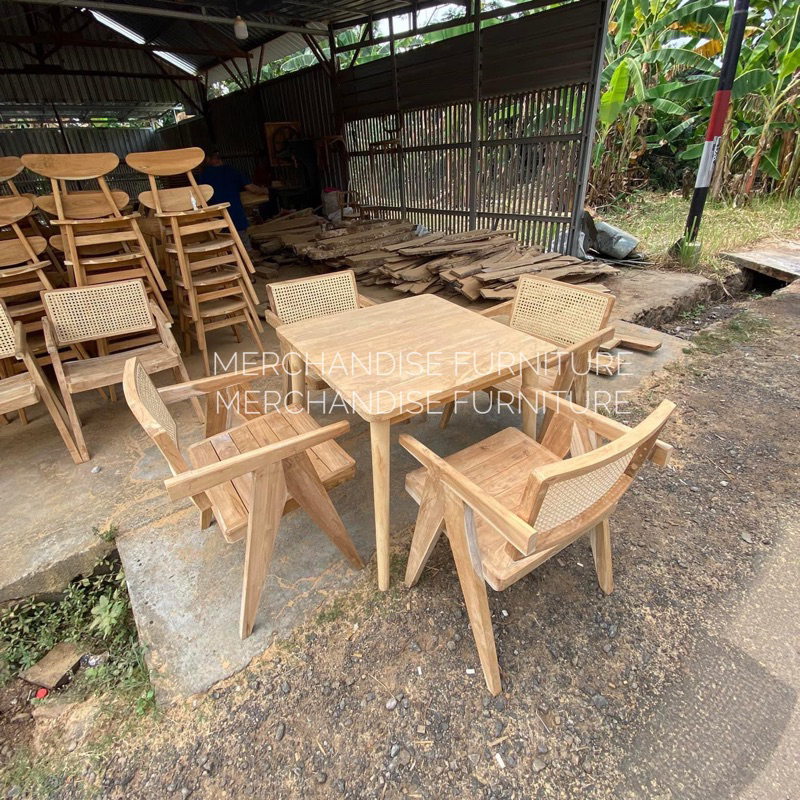 Jual Satu Set Meja Makan Cafe Resto Kayu Jati Rotan - Meja Makan Minimalis Harga Murah - Kursi ...