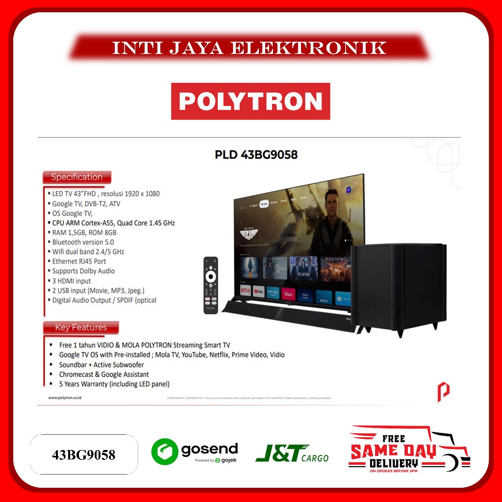 Jual TV POLYTRON 43 INCH GOOGLE TV 43BAG9500 CINEMAX SOUNDBAR ANDROID ...