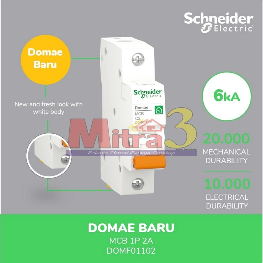 Jual MCB New Domae 1P 2A DOMF01102 Schneider Electric SNI Original / MCB 1 Phase 2 Ampere 6kA ...