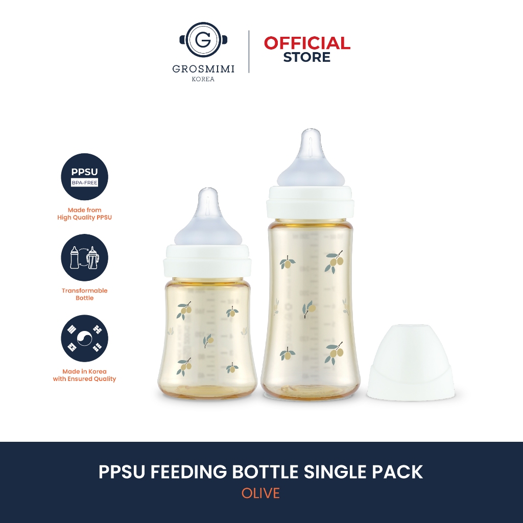 Jual GROSMIMI PPSU OLIVE FEEDING BOTTLE SINGLE PACK 200/300ml (included stage 1/2 teat, White ...