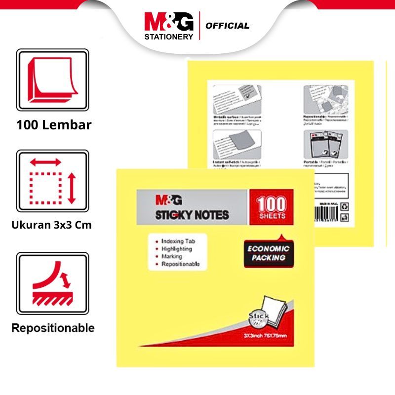 Jual M&G 3x3 Economic Pack Sticky Notes 100 sheets Yellow color 76*76mm ...
