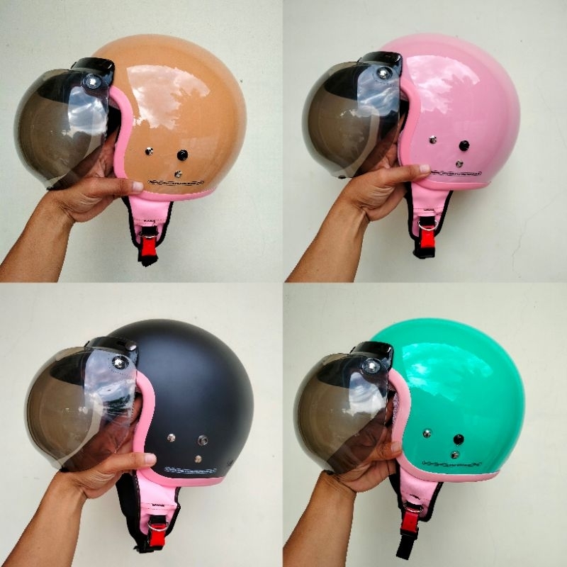 Jual Helm Wanita Hijab Premium Kaca Cembung Hitam/ Helm Retro Dewasa ...