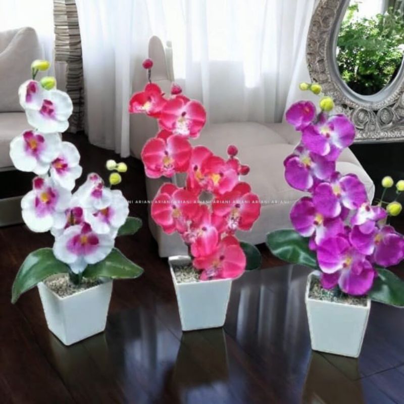 Jual ARIANI1318 SET BUNGA PLASTIK ANGGREK 2 WARNA WARNI DENGAN POT ...