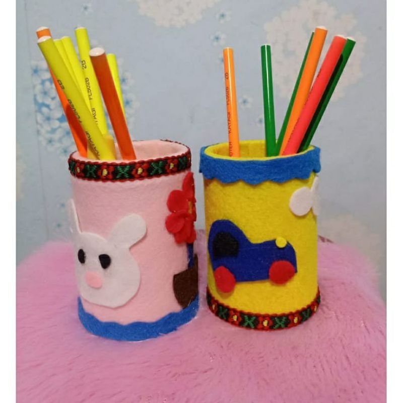 Jual Tempat pensil dari botol bekas air mineral dan kain flanel kerajinan tangan tugas sekolah ...