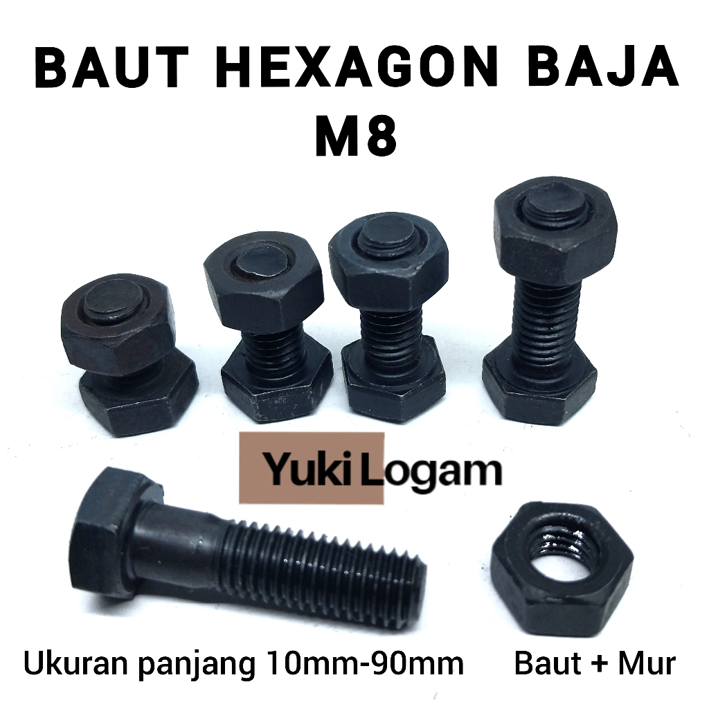 Jual Baut Mur Hexagon Baja M8 kunci 13 ukuran panjang 10mm sampai 90mm ...