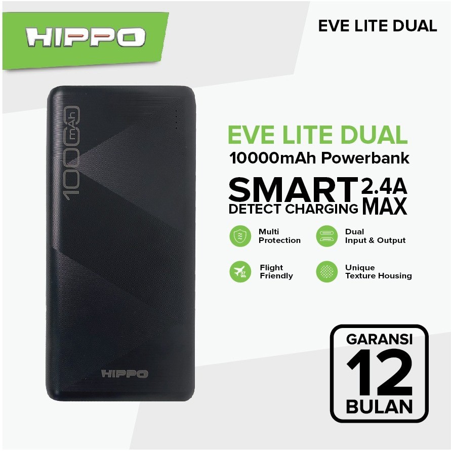 Jual HIPPO POWERBANK EVE LITE DUAL 10000MAH BLACK | Shopee Indonesia