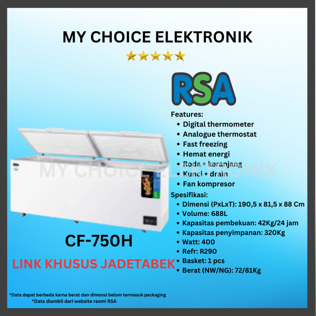 Jual RSA Chest Freezer CF-750H (688 L - 400 Watt ) | CF 750 H | Shopee ...