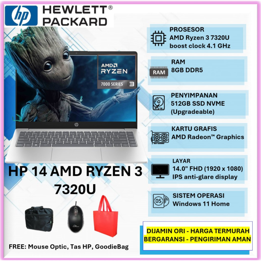 Jual Laptop HP AMD Ryzen 3 7320U 8GB DDR5 512GB SSD NVME 14 inch Full ...