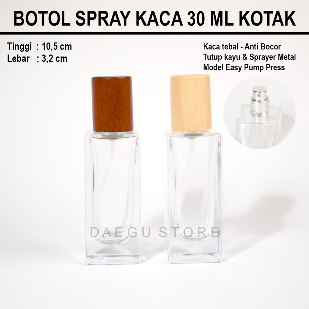 Jual Botol Parfum 30ml Spray Kaca Kotak Tebal Tutup Kayu - Sprayer ...