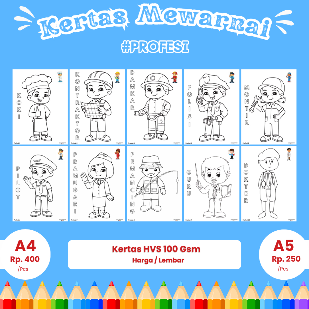 Jual Gambar Mewarnai Profesi A4 / A5 Kertas Sketsa / Kertas 100 GSM ...