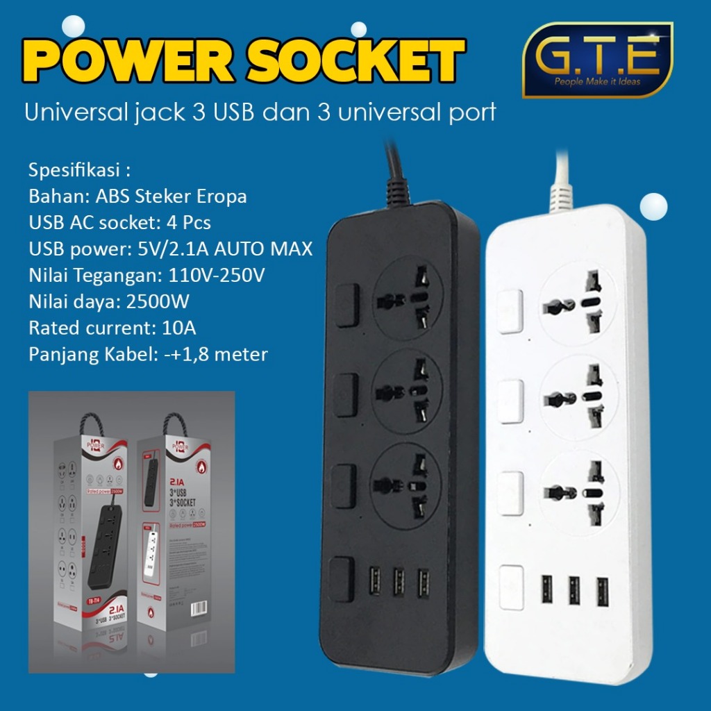 Jual GTE | Stop Kontak / Power Strip 2.1A Fast Charging 3 USB Extension Socket Plug 3 Outlets ...