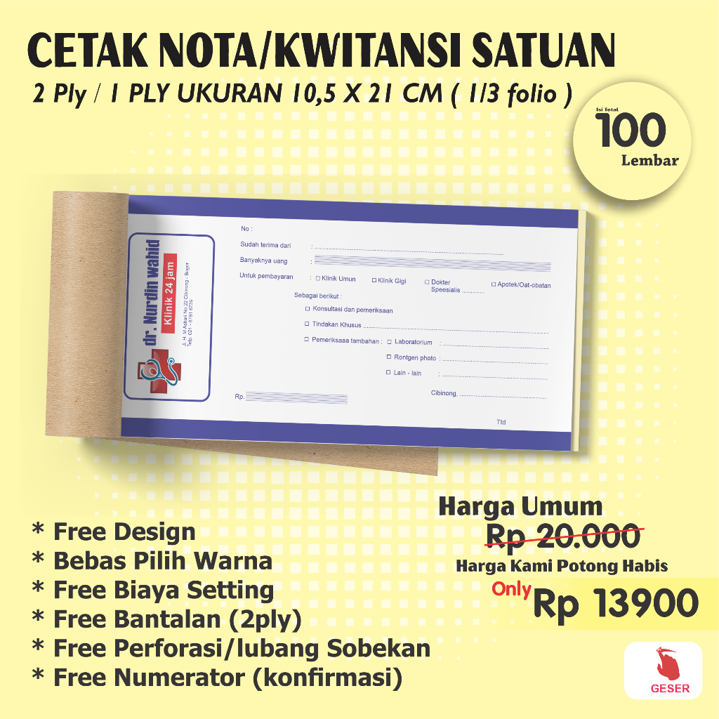 Jual NOTA KWITANTSI CUSTOM 10,5x21 cm - CETAK NOTA -- 2 RANGKAP ...