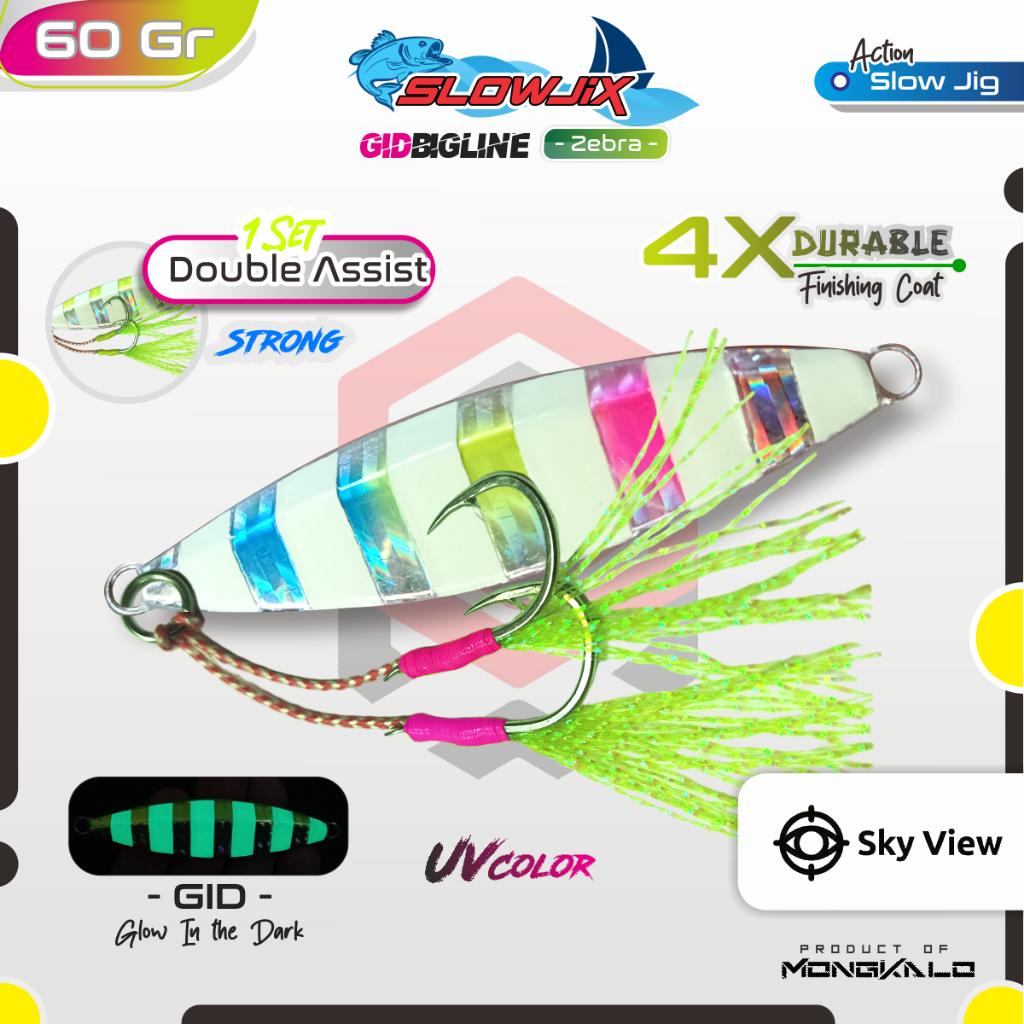 Jual Metal Jigging 60 Gram + Double Assist Hook Umpan UV GID Fosfor Mongkalo SLOWJIX | Shopee ...