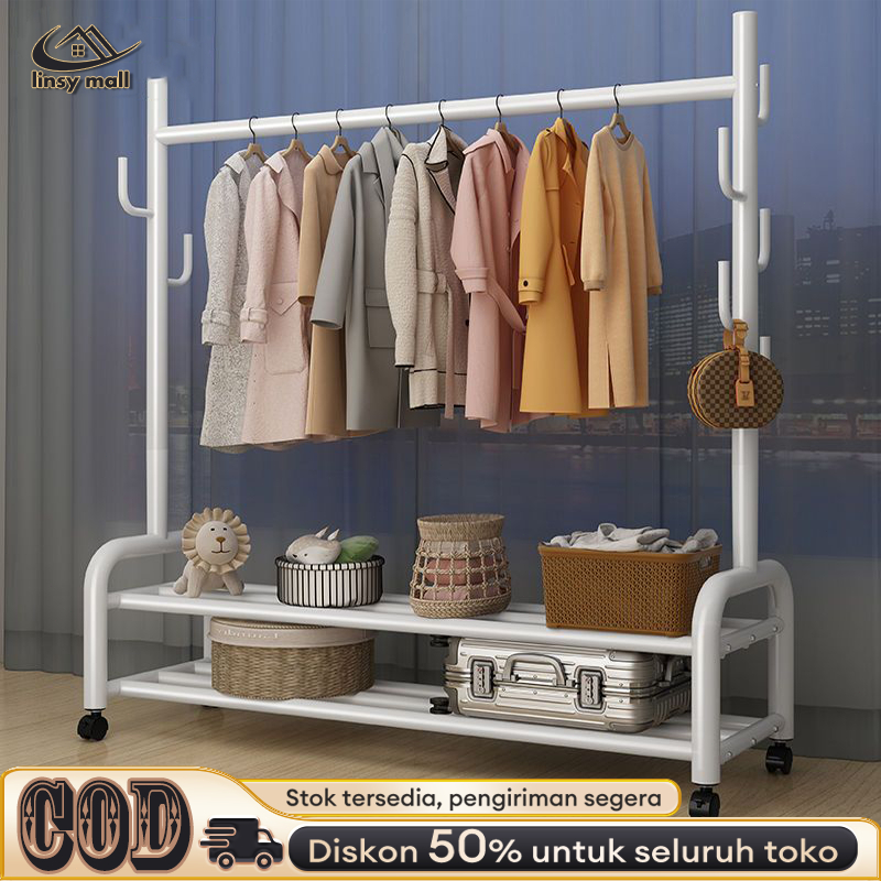 Jual Rak Gantung Baju Serbaguna 2 Susun Dengan Roda Stand Hanger ...
