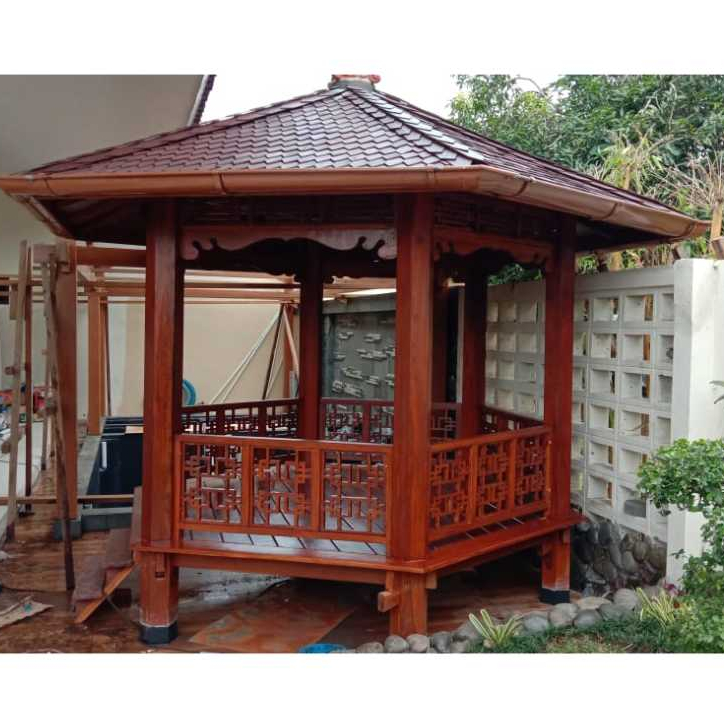 Jual Gazebo Taman Rumah Kayu Jati Model Segi 6 Desain Pagar Minimalis ...