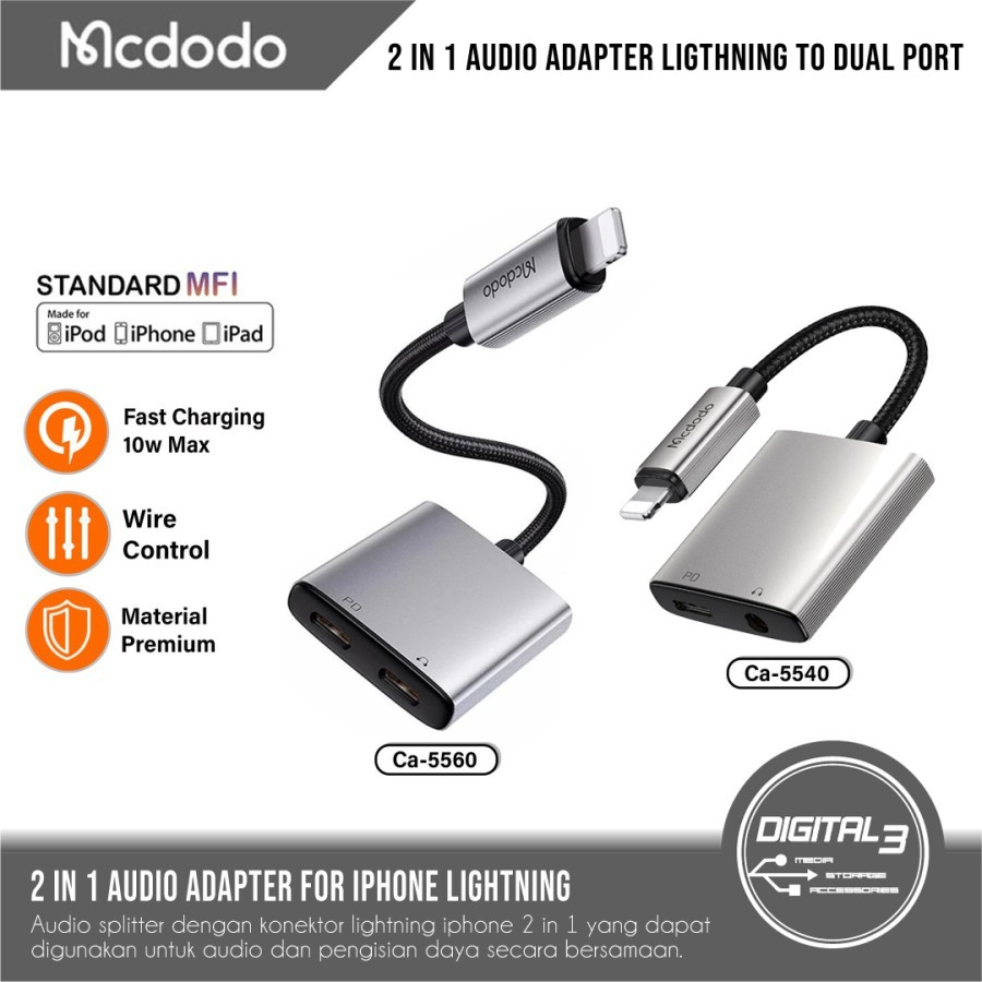 Jual Mcdodo CA-5540/CA-5560 Splitter 2 in 1 Audio Adapter Lightning Mic ...