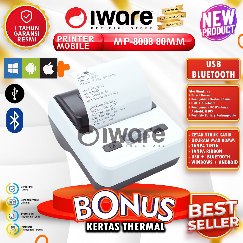 Jual Printer Mobile Thermal 80mm Iware MP-8008 / C-81BT Usb+Bluetooth ...