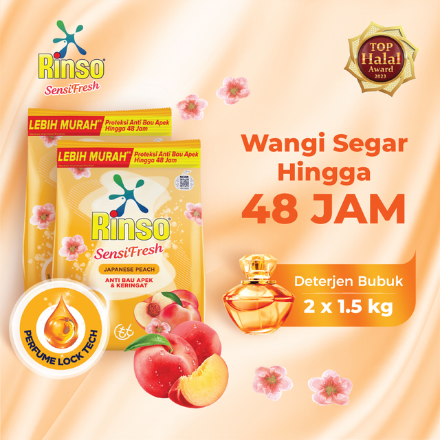 Jual Rinso SensiFresh Detergent Bubuk Deterjen Wangi Segar 48 Jam Japanese Peach 1.5 KG x2 ...