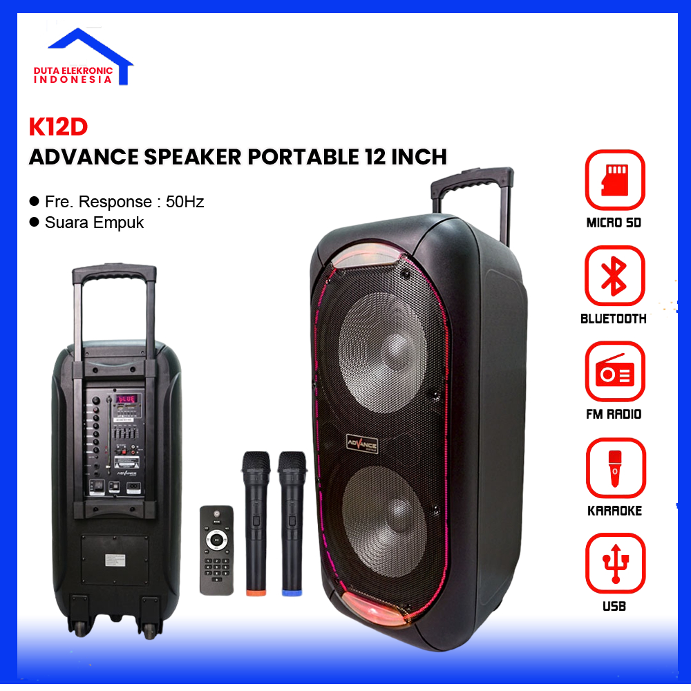 Jual Advance Speaker Portable 12 Inch K12D Bluetooth Dual Woofer Free 2 Microphone | Shopee ...
