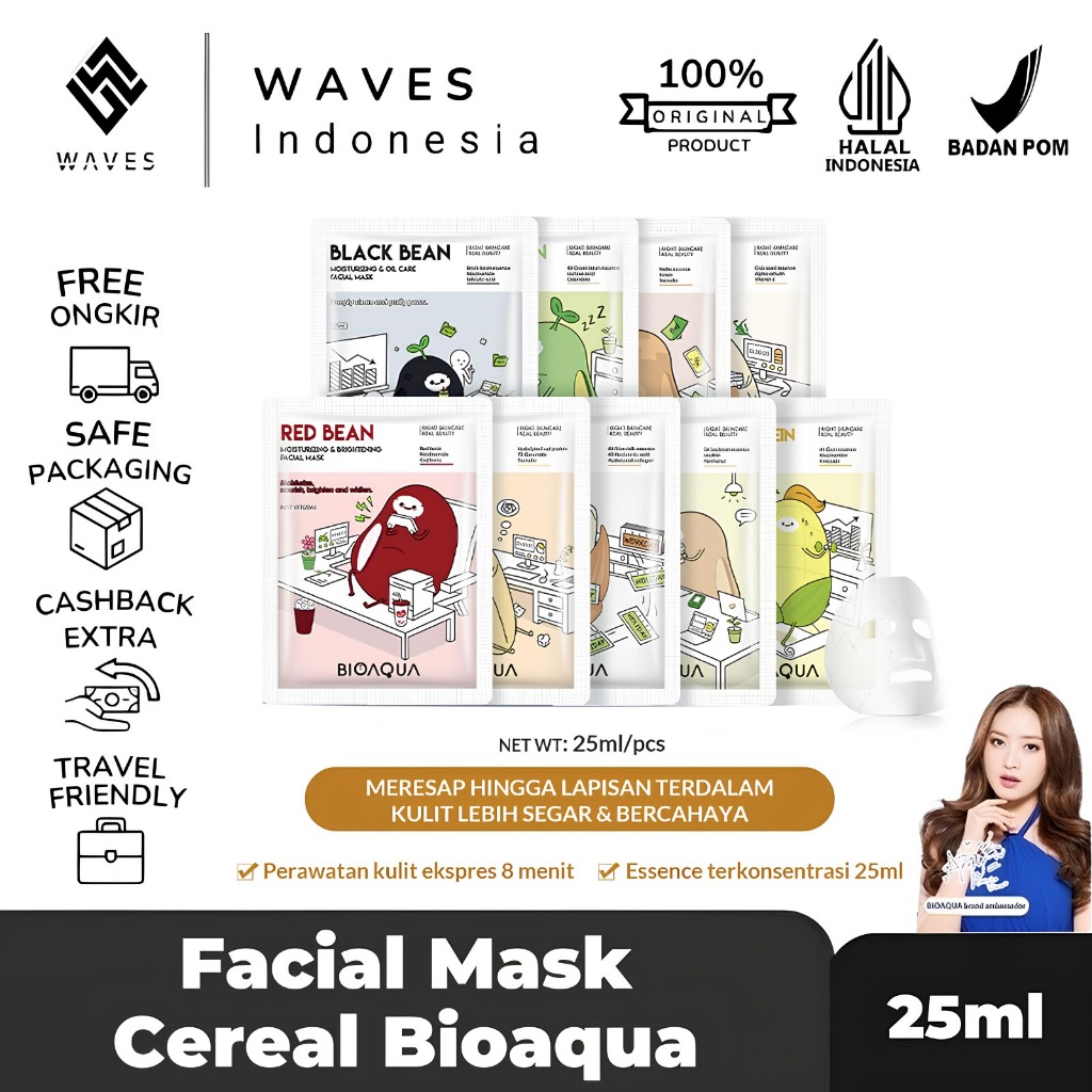 Jual Waves -PAKET 5PCS BPOM BIOAQUA CEREAL SHEET MASK MASKER WAJAH FACE MASK 25ML MASKER MUKA ...