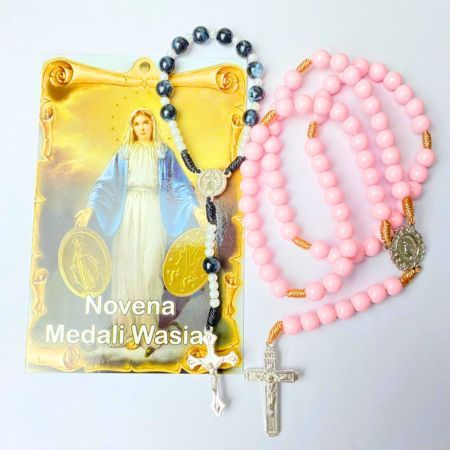 Jual PAKET DOA ISI 3 - kalung rosario pink 77 bapa kami, rosario mini, LEMBAR doa novena medali ...