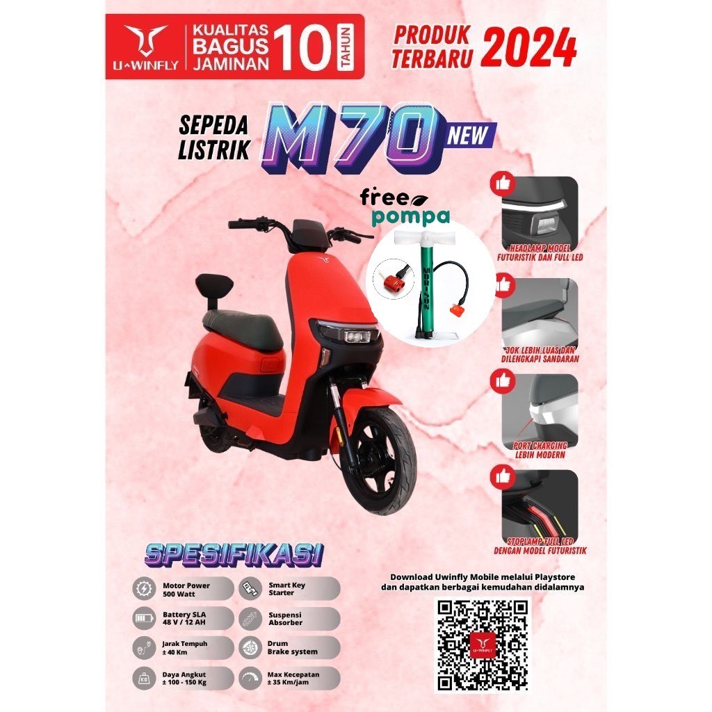 Jual (FREE POMPA) Sepeda Listrik Terbaru Uwinfly M70 500 Watt SLA ...