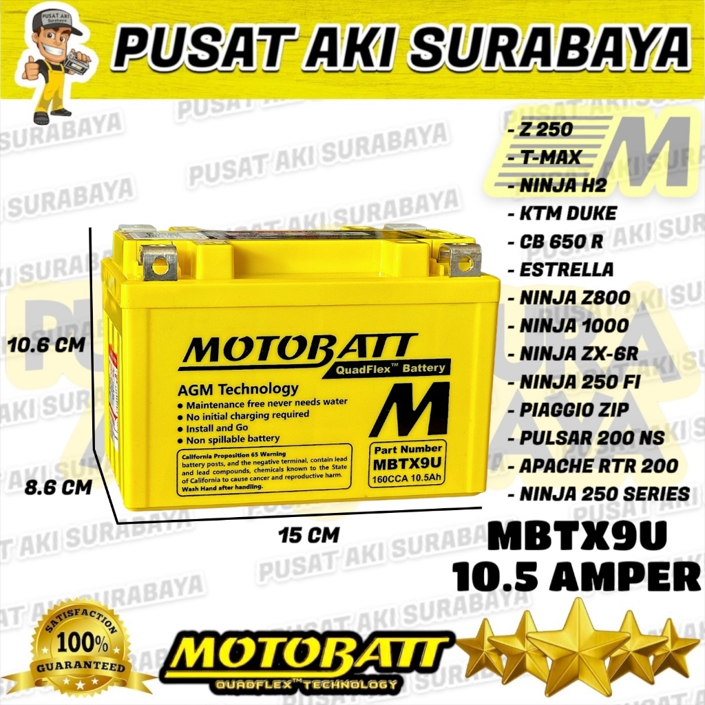 Jual QUADFLEX MOTOBATT GEL MBTX9U ORIGINAL ACCU 10.5 AMPER NINJA 250 ...