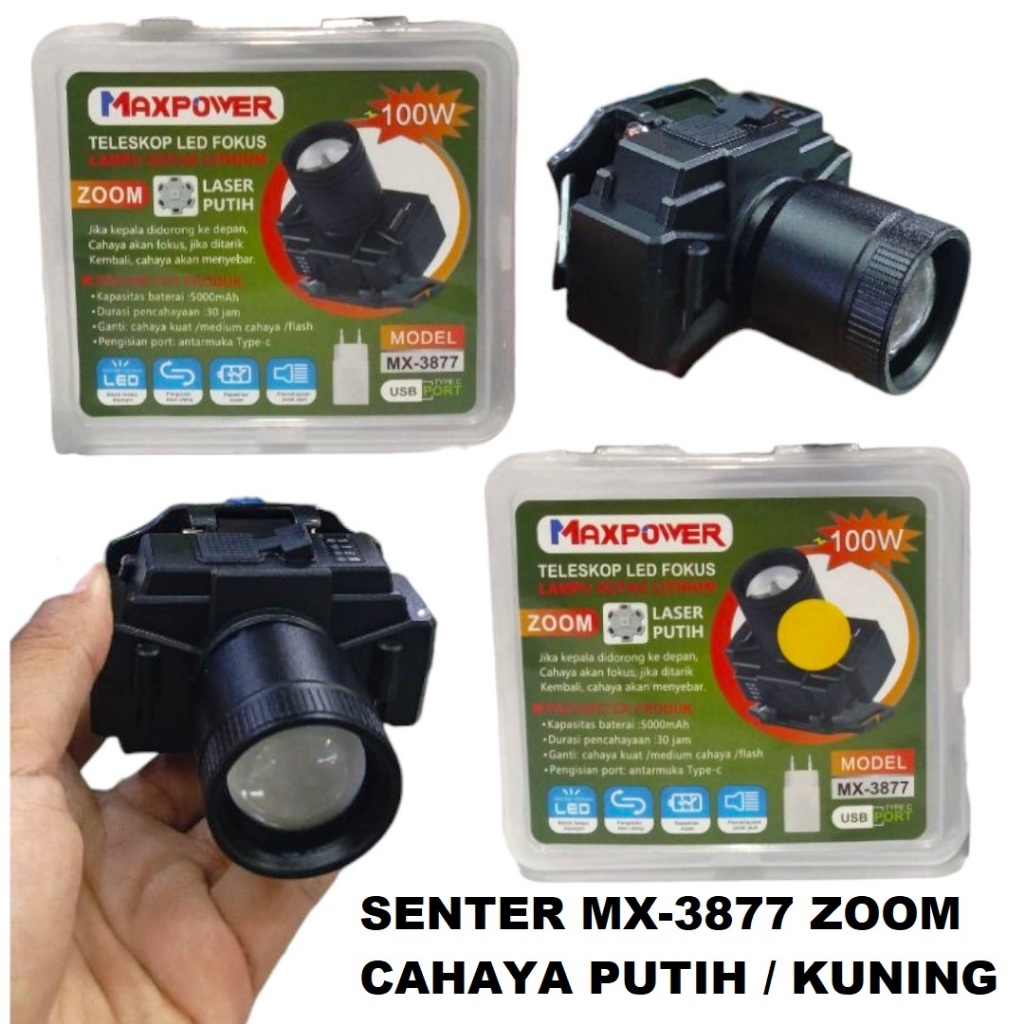 Jual Senter Kepala Zoom MX-3877 MAXPOWER headlamp Cahaya Kuning ...